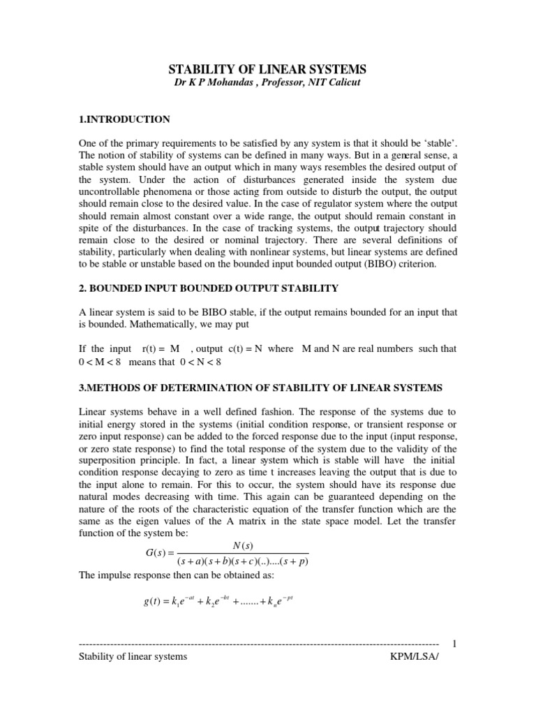 Stability of Linear Systems: DR K P Mohandas, Professor, NIT Calicut ...