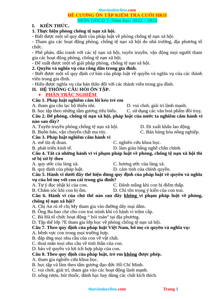 De Cuong On Tap HK2 GDCD 7 Canh Dieu Nam 22 23 | PDF