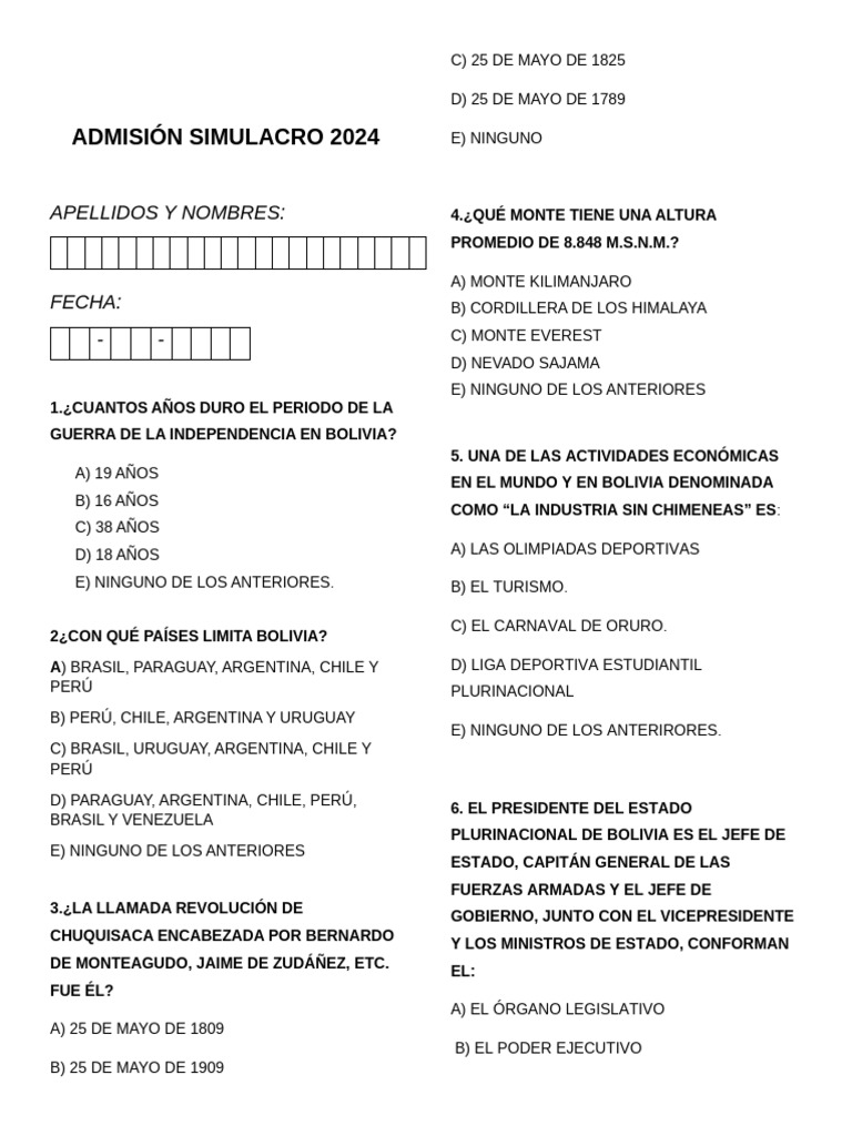 Simulacro 1 Conocimientos Generales 2024 | PDF | Bolivia | Comunidad andina