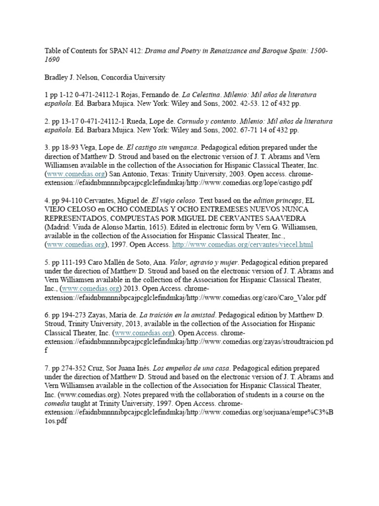 Table of Contents For SPAN 412 | PDF | Miguel De Cervantes | Spanish ...