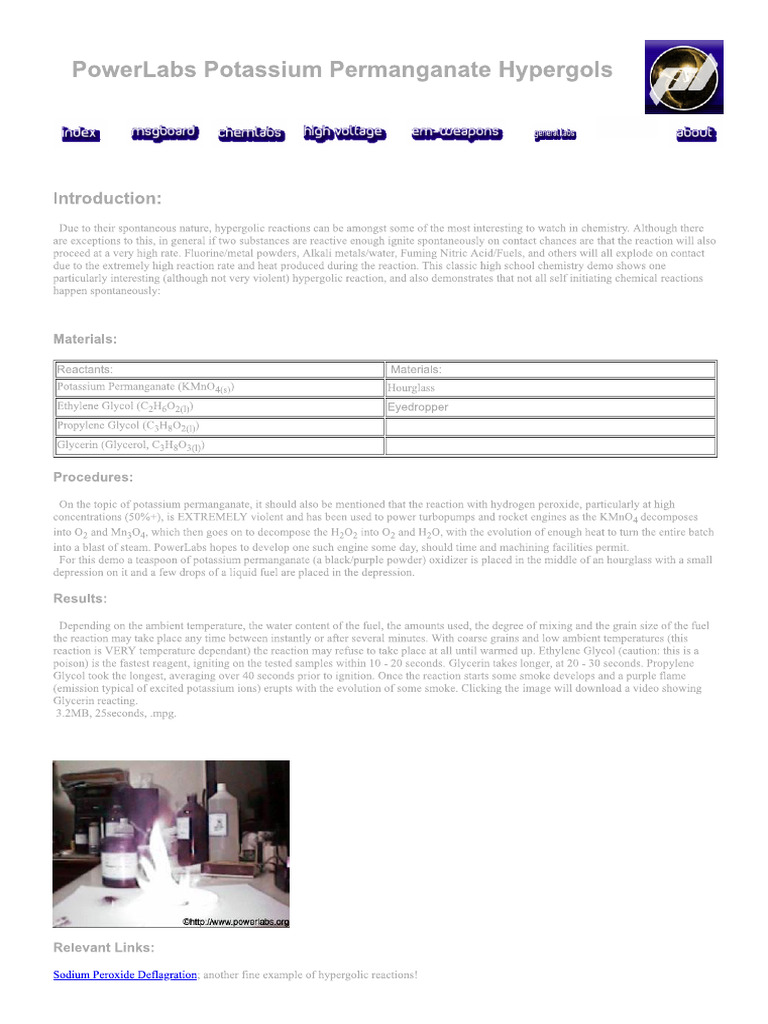 PowerLabs Potassium Permanganate Hypergols | PDF