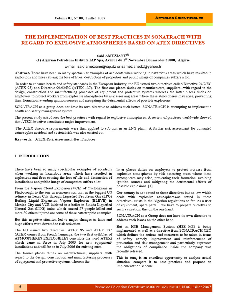 The Implementation of Best Practices in Sonatrach With Regard To Explosive Atmospheres Based On ...