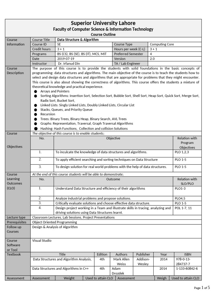 Course Outline - V 2.0 DSA - Fall 19 | PDF | Time Complexity | Algorithms