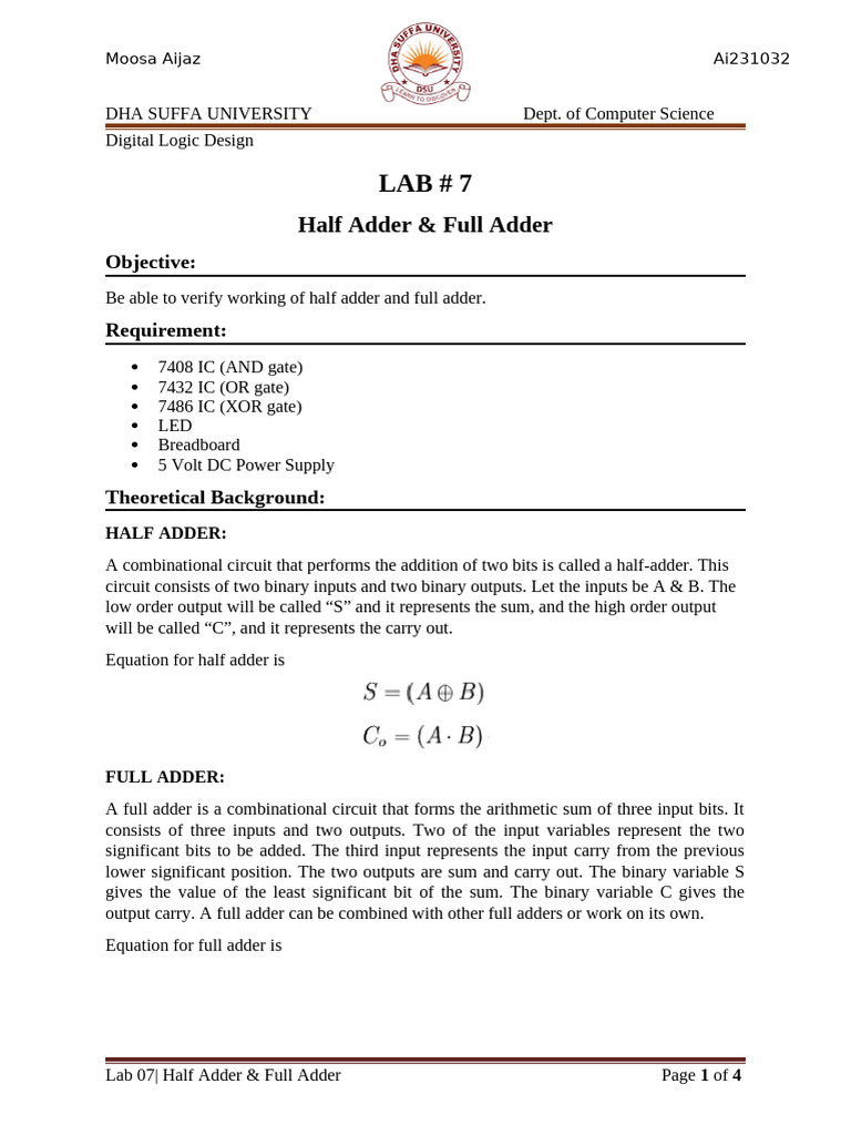 Lab 7 DLD Ai231032 | PDF | Electronic Design | Digital Electronics