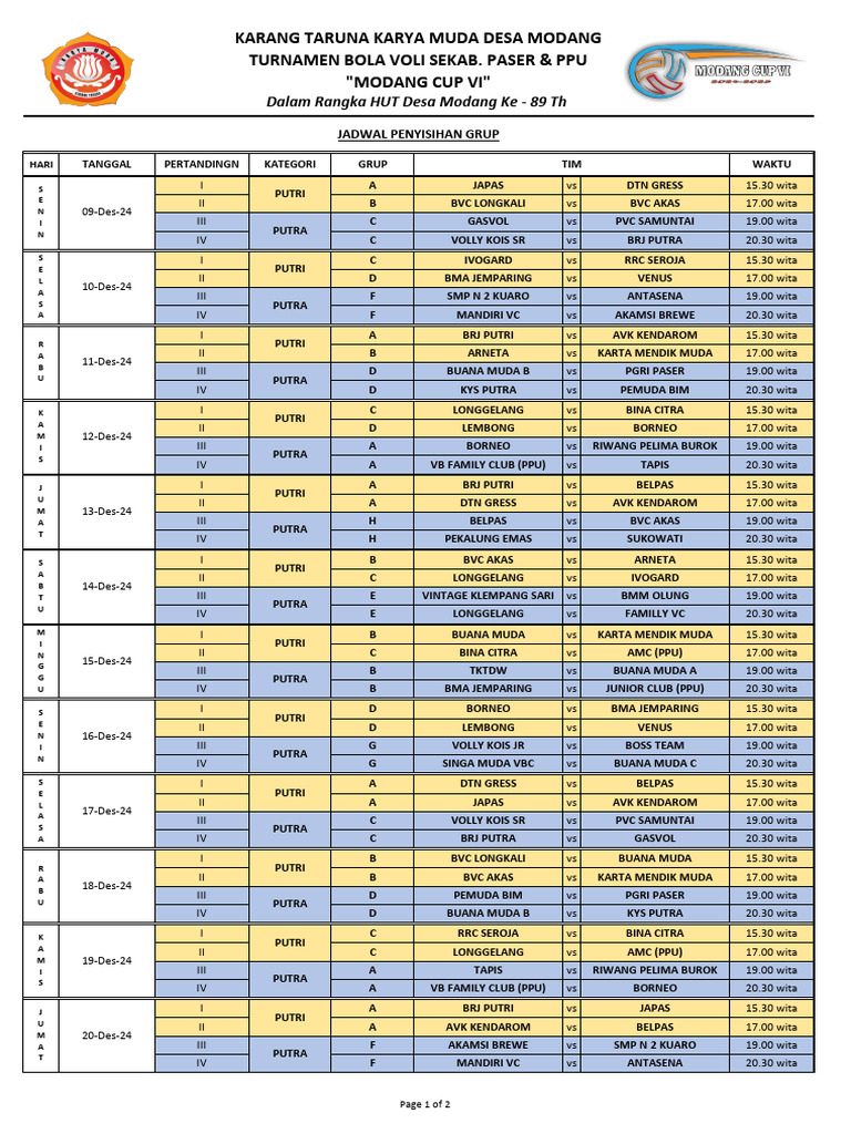 Jadwal Turnamen Voli Modang Cup VI | PDF