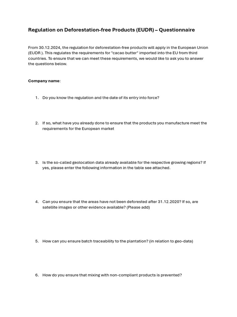 Questionnaire - Cacao Butter - Regulation On Deforestation | PDF