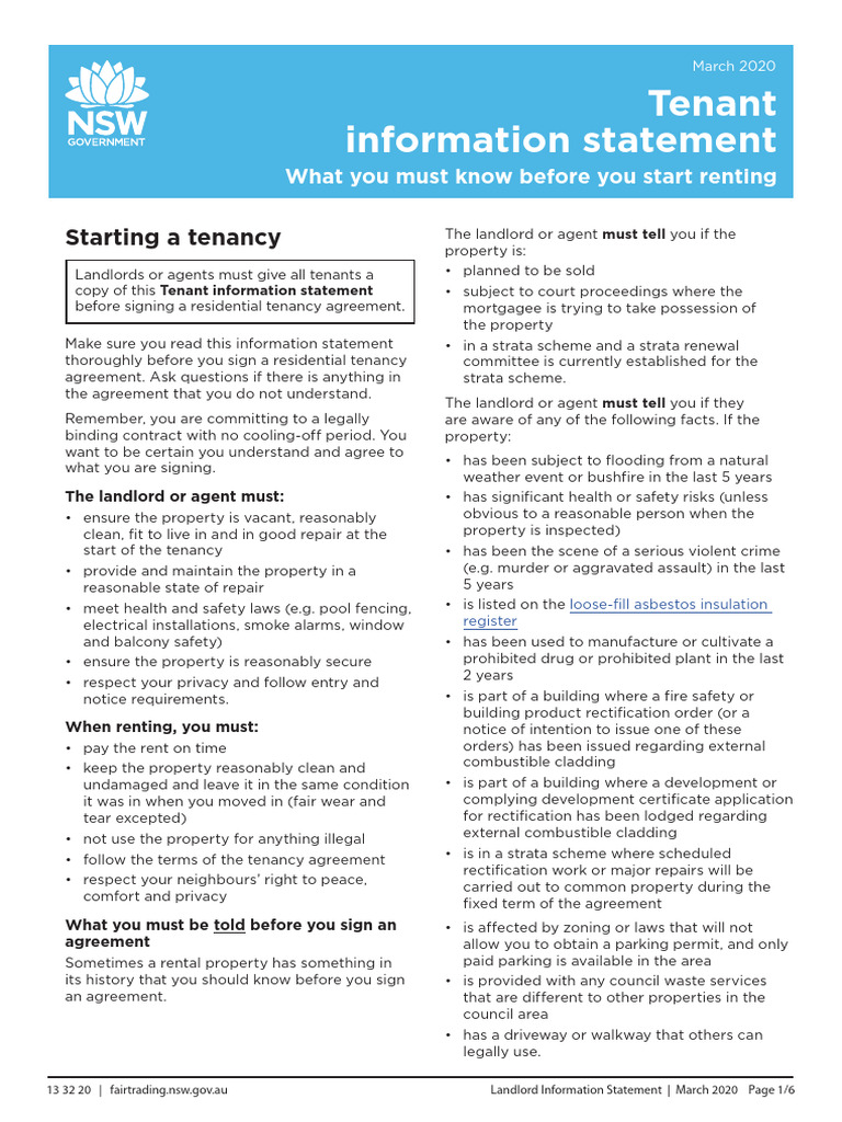 NSW Tenant Information Statement | PDF | Leasehold Estate | Landlord