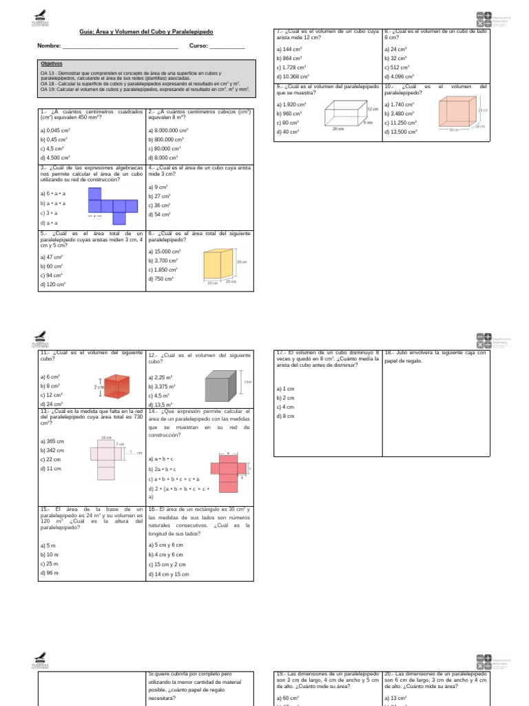 Guía de Área y Volumen Del Cubo y Paralelepípedo | PDF | Geometría euclidiana | Formas geométricas