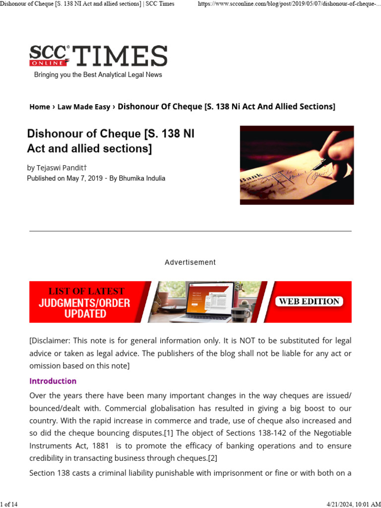 Dishonour of Cheque (S. 138 NI Act and Allied Sections) SCC Times | PDF ...