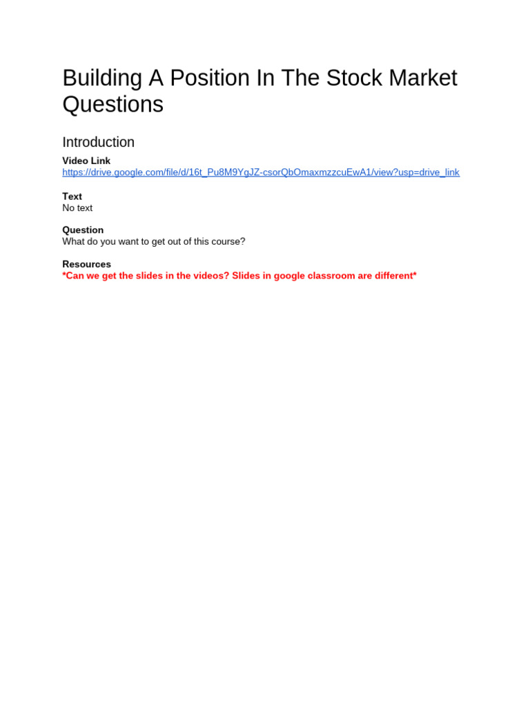 Building A Position in The Stock Market Questions | PDF
