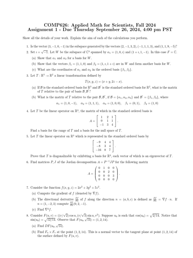 assignment1 | PDF | Basis (Linear Algebra) | Mathematical Concepts