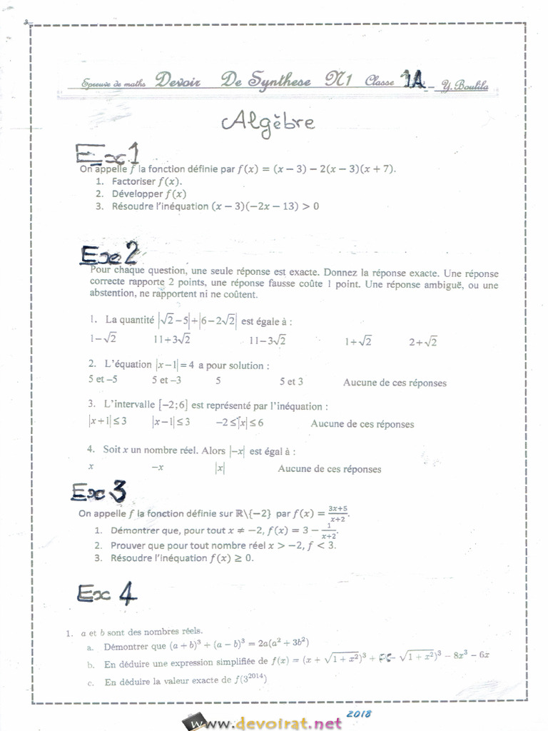 Devoir de Synthèse N°1 - Math - 1ère AS (2017-2018) MR Y.BOULILA | PDF