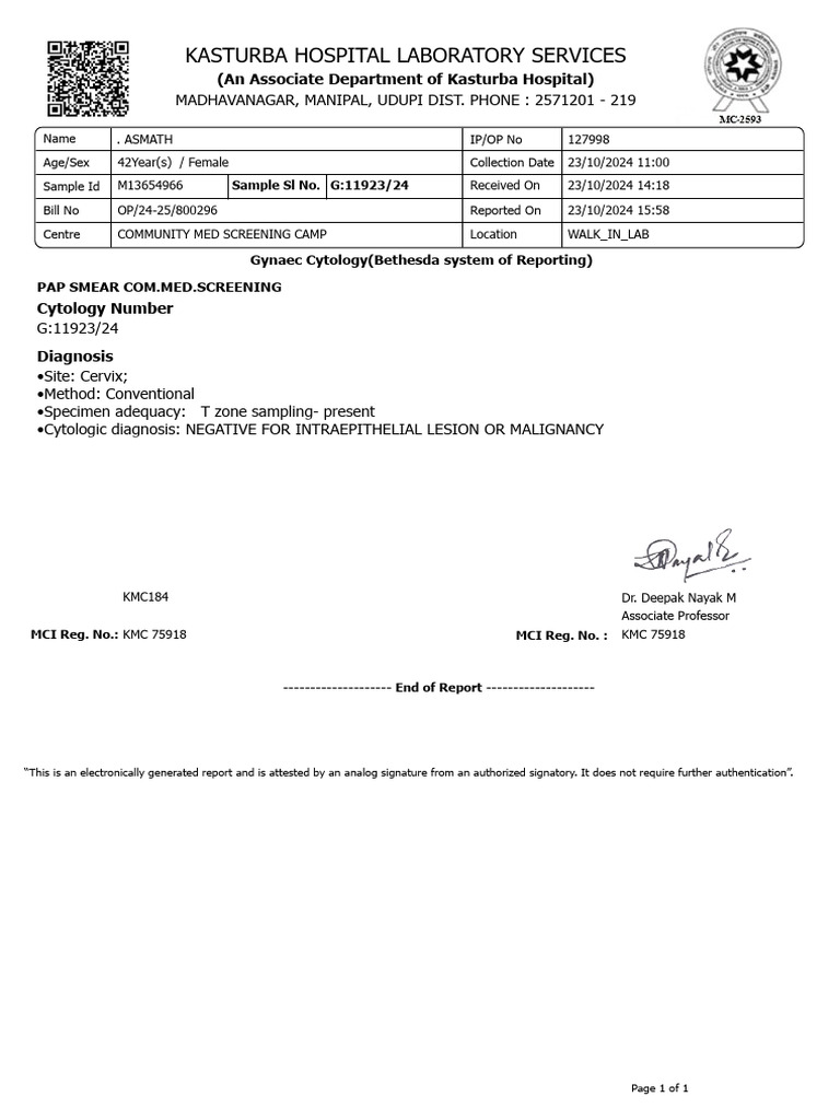 Negative Pap Smear Report Summary | PDF