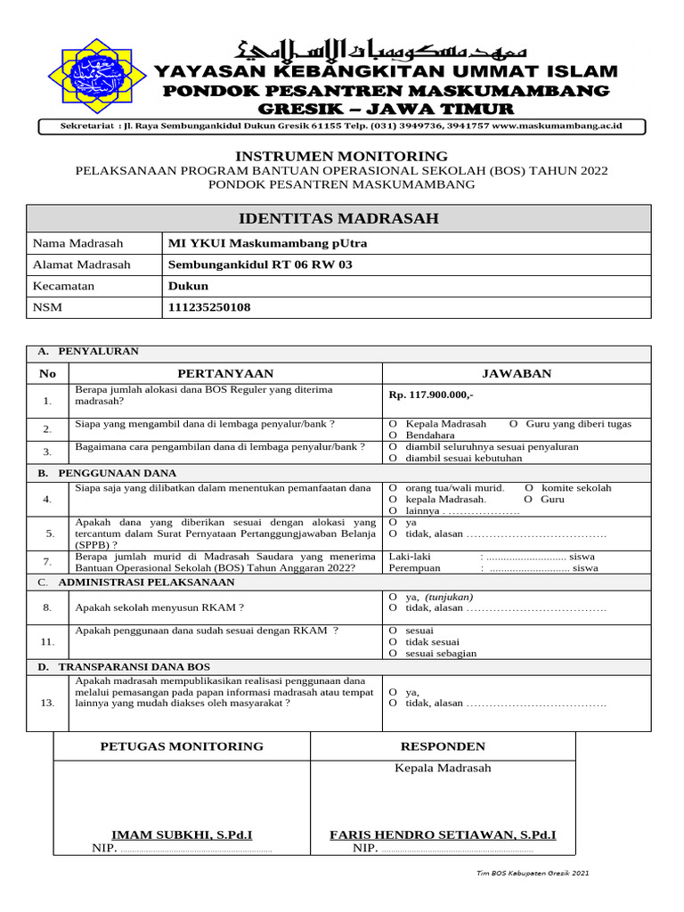Instrumen Monitoring BOS 2022 | PDF
