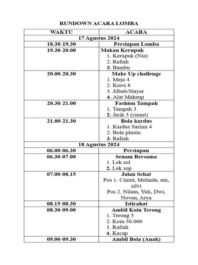 RUNDOWN ACARA LOMBA 2024 | PDF