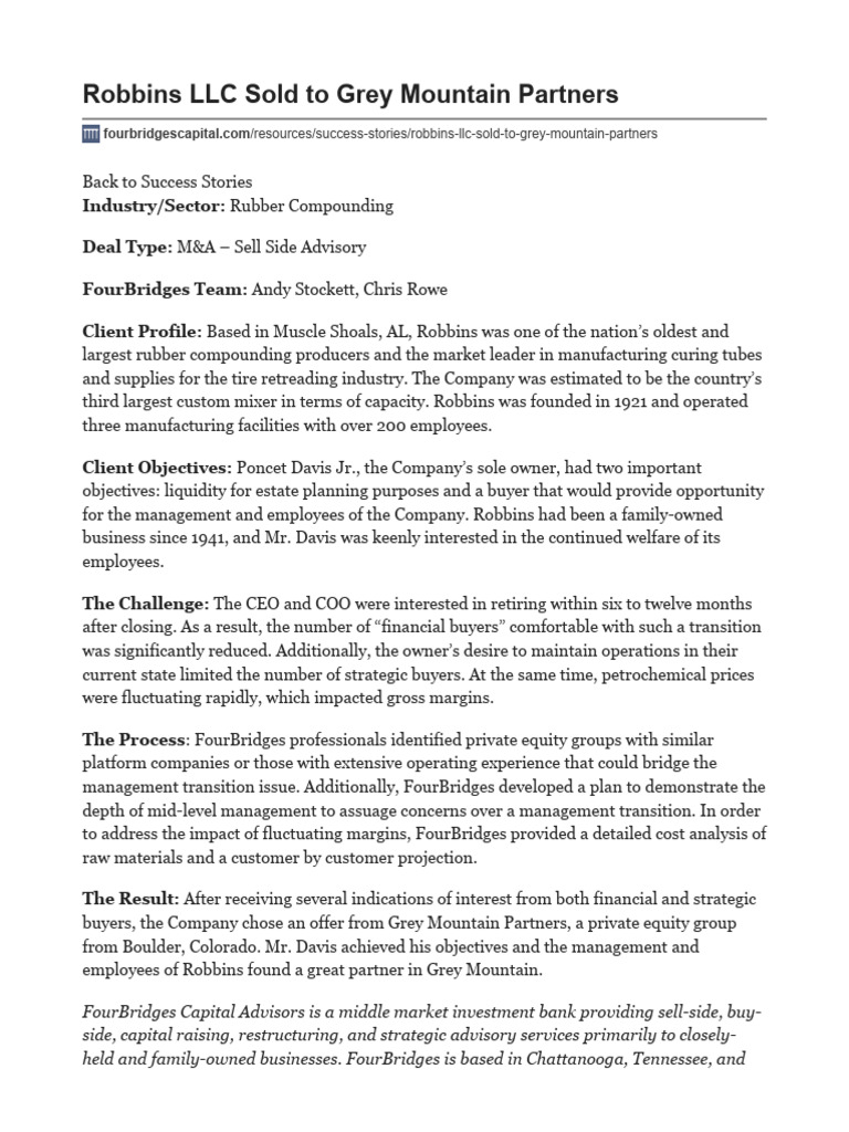 2007 FourBridges Capital Advisors - Robbins LLC Sold To Grey Mountain ...