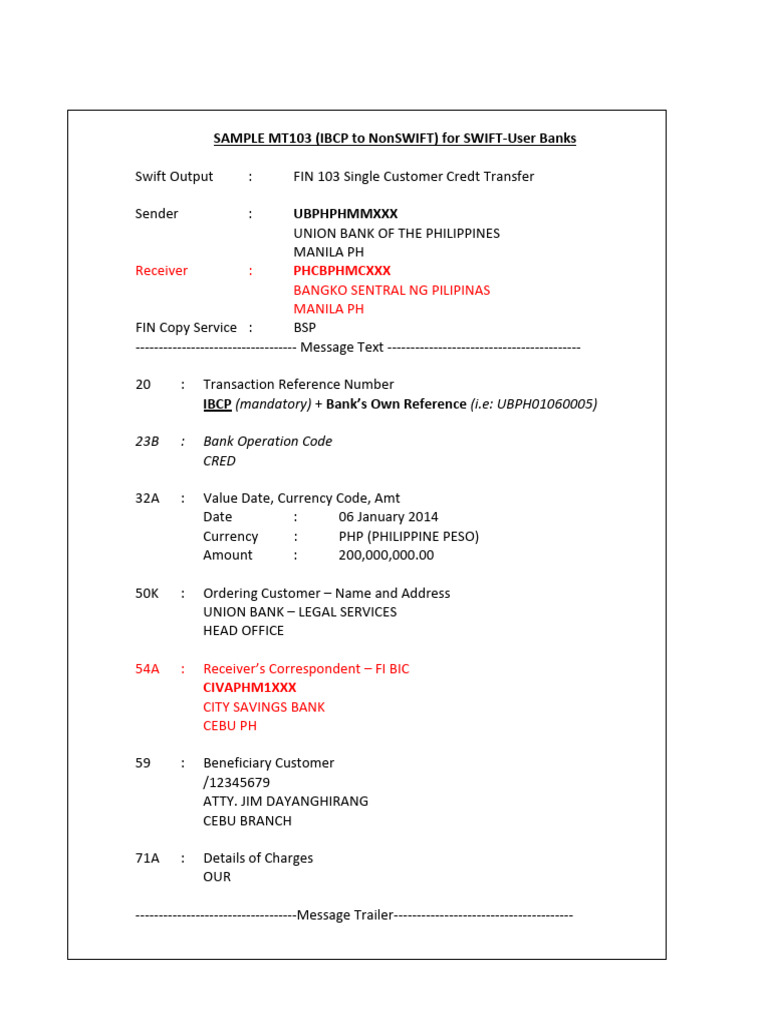 SAMPLE MT103 (IBCP To NonSWIFT) Via SWIFT | PDF