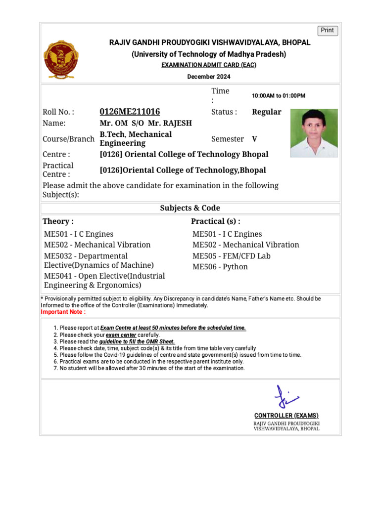 Admit Card 5th sem | PDF