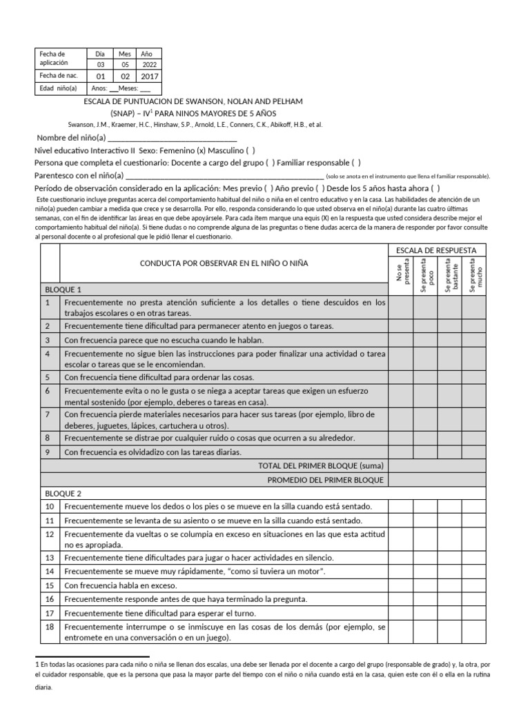Evaluación SNAP-IV para TDAH Infantil | PDF