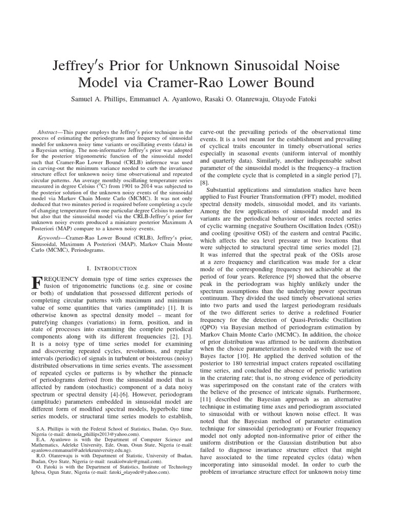 Jeffreys Prior For Unknown Sinusoidal Noise Model Via Cramer Rao Lower ...