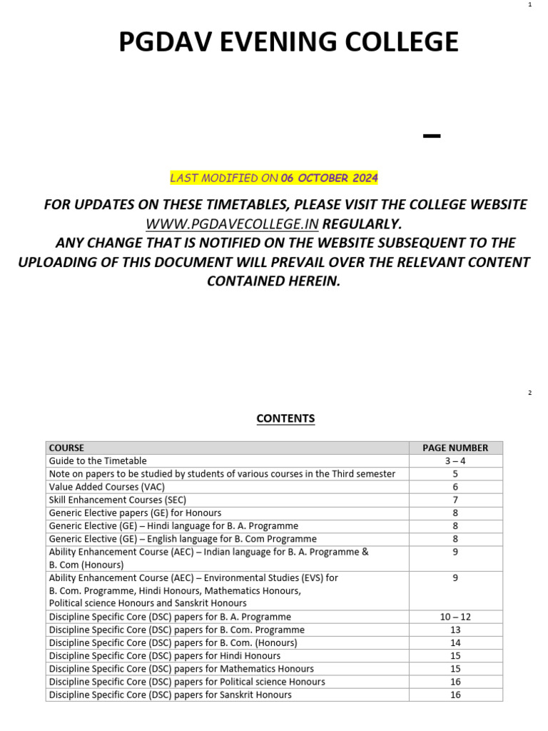 PGDAV Evening College Timetable 2024 | PDF | Mathematical Analysis | Science