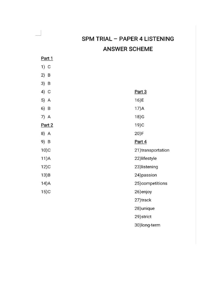 Johor (Muar) Trial 2024 P4 - Listening (Answer Scheme) | PDF