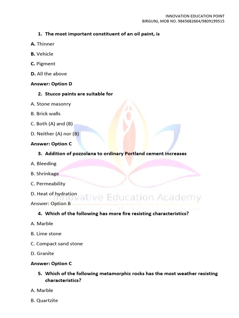 Some important questions | PDF | Lime (Material) | Cement