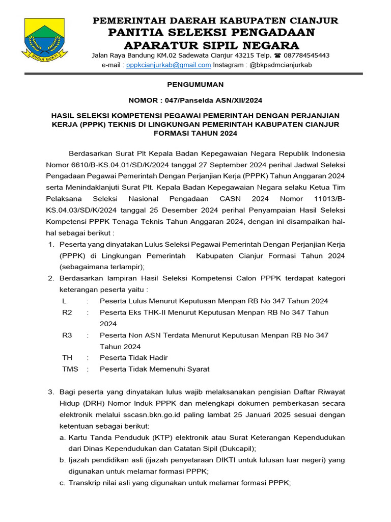 PENGUMUMAN HASIL SELEKSI KOMPETENSI PPPK TAHAP I TEKNIS 2024 | PDF