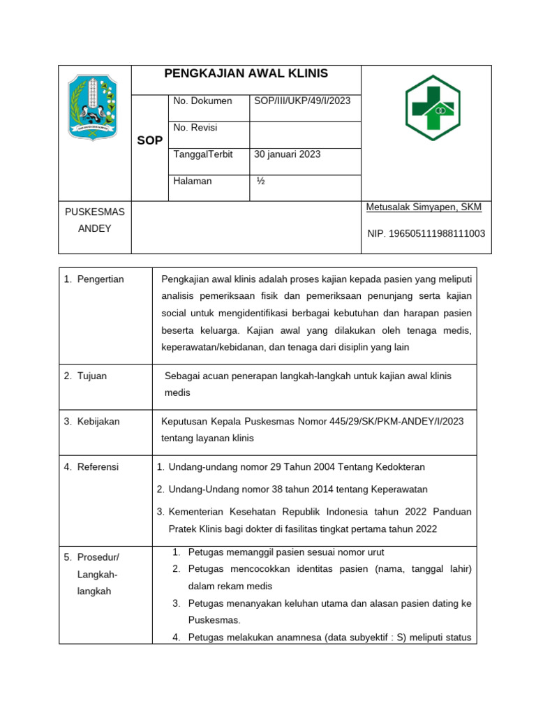 Prosedur Pengkajian Awal Klinis Puskesmas | PDF