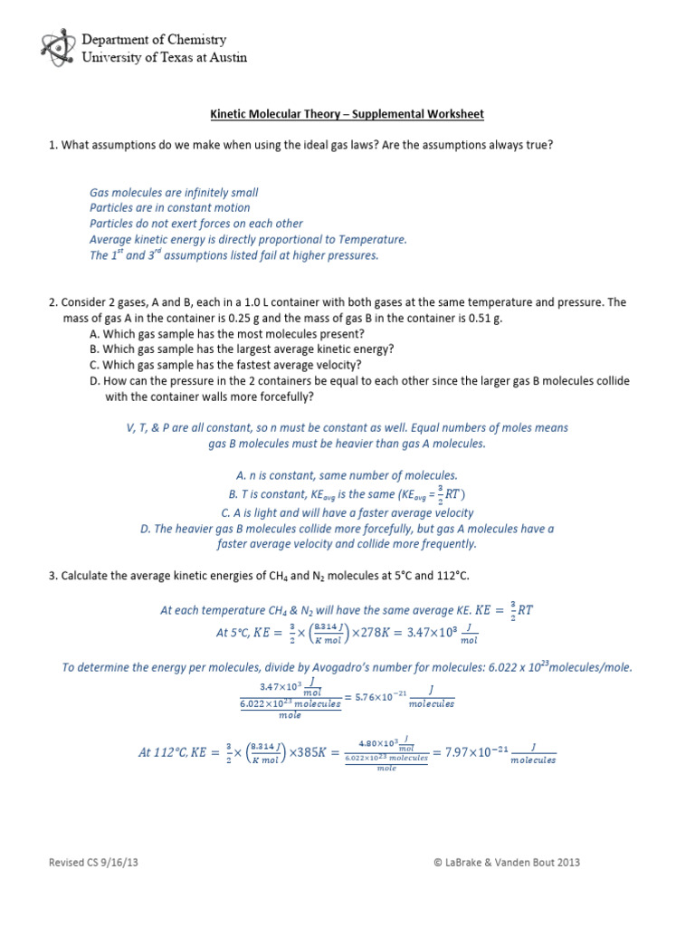 KineticMolecularTheory WKST Key | PDF | Gases | Continuum Mechanics
