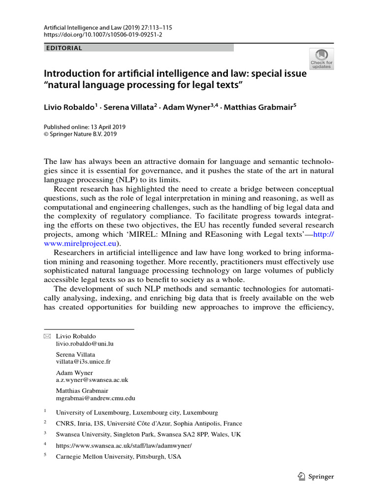 Introduction for Artificial Intelligence and Law Special Issue Natural Language Processing for ...