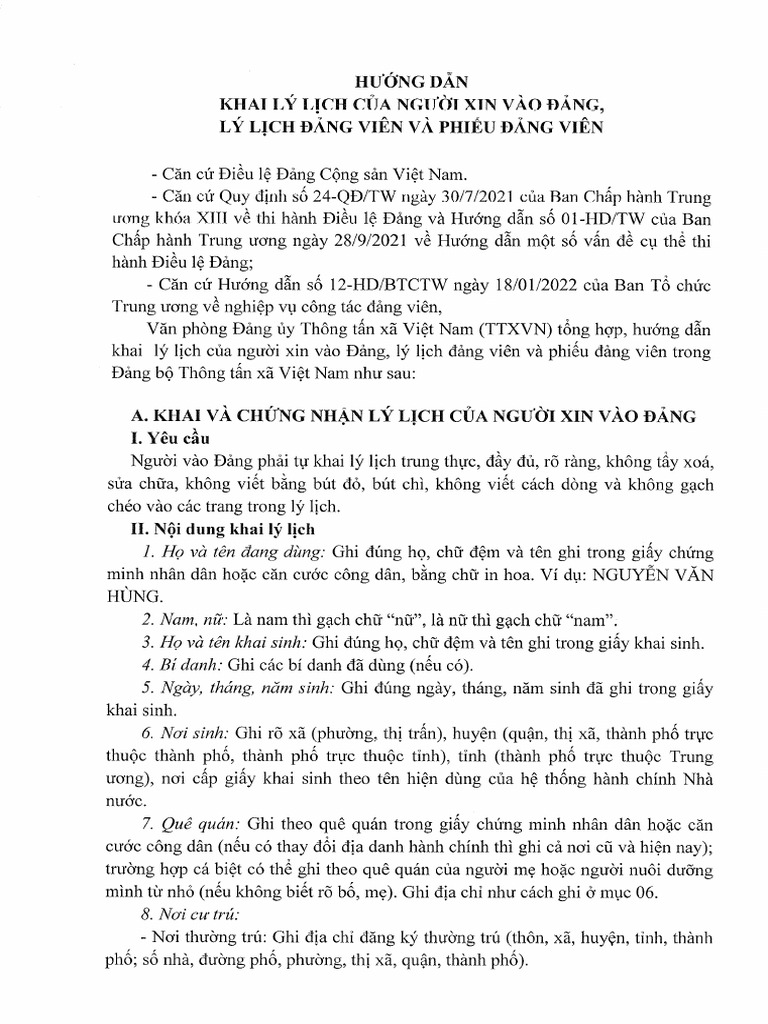 Huong Dan Khai Ly Lich Cua NG Xin Vao Dang - LLDV Va Phieu DV | PDF