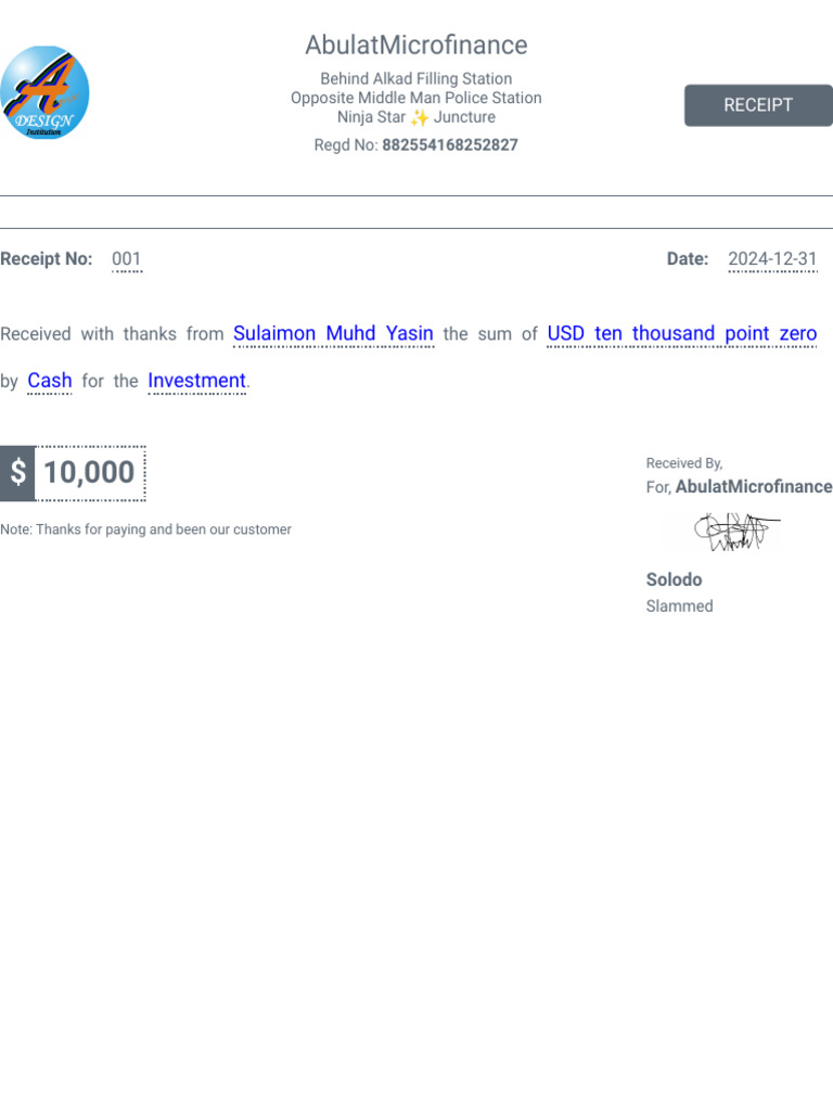 Receipt for $10,000 Investment Payment | PDF