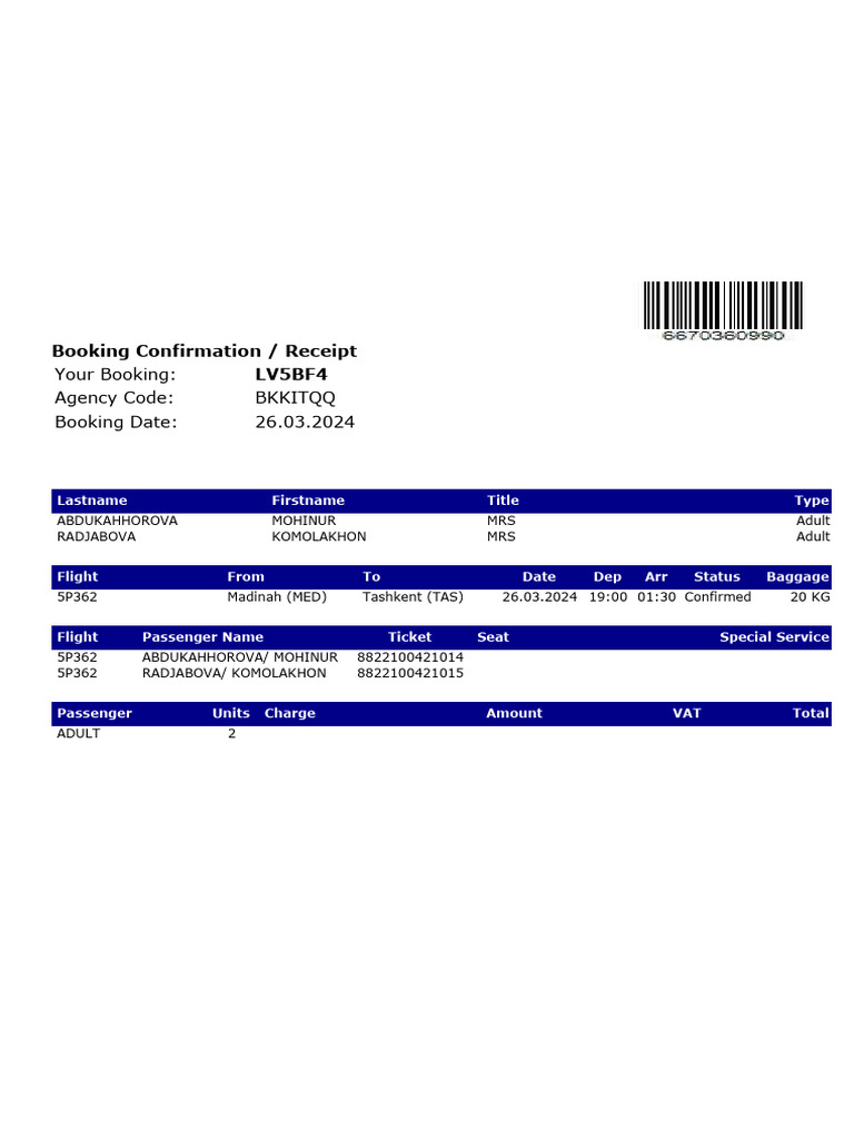 Flight Booking Confirmation for 2 Adults | PDF