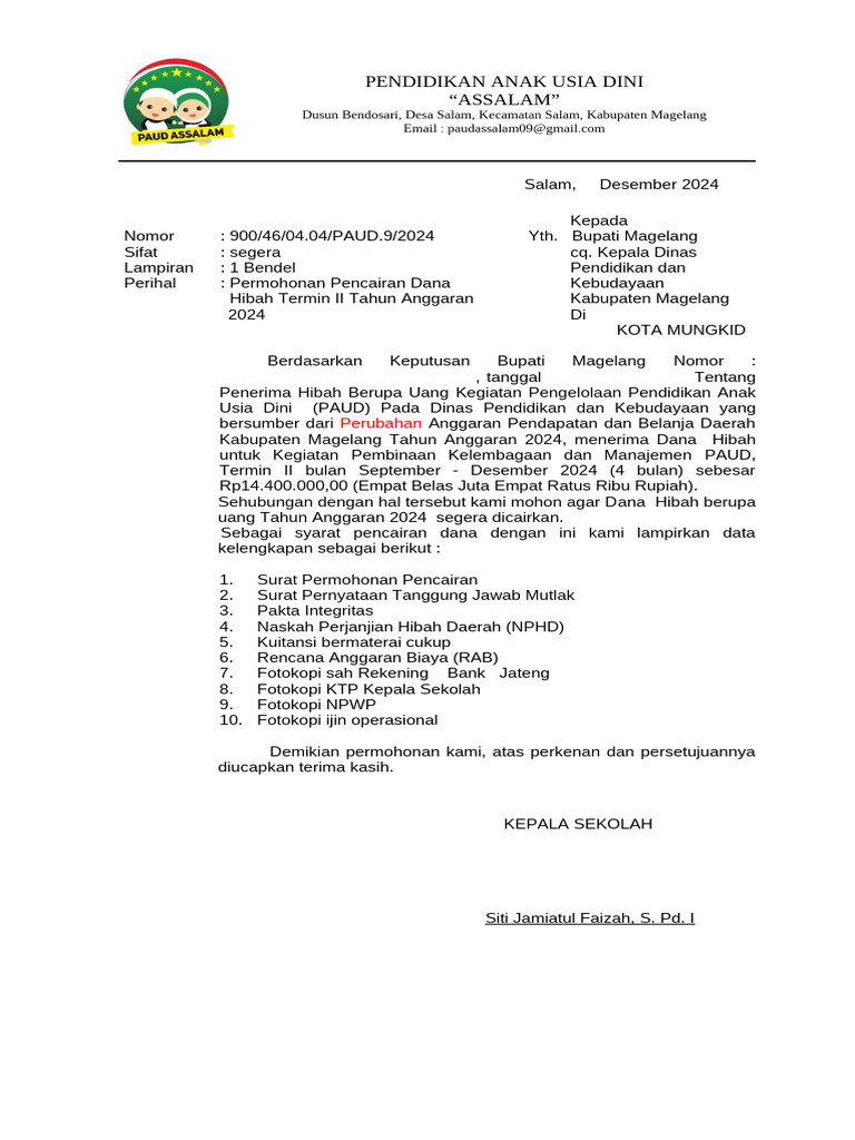 Surat Permohonan Pencairan Hibah 2024 - Transport | PDF