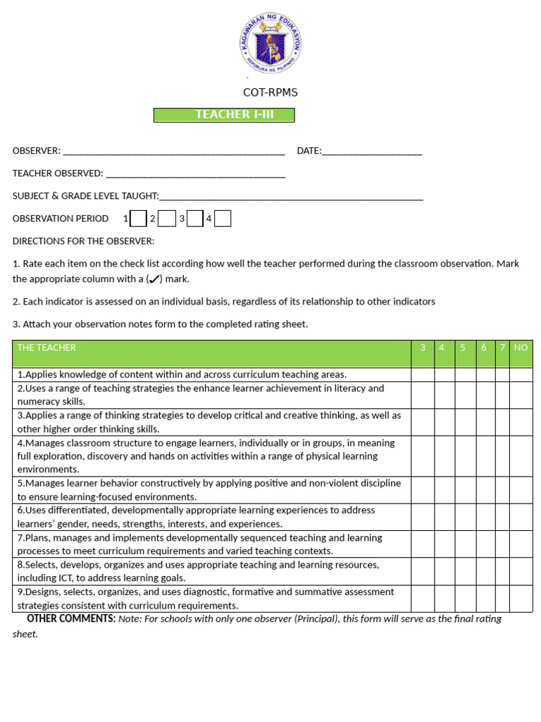 COT-RPMS CLASSROOM OBSERVATION | PDF
