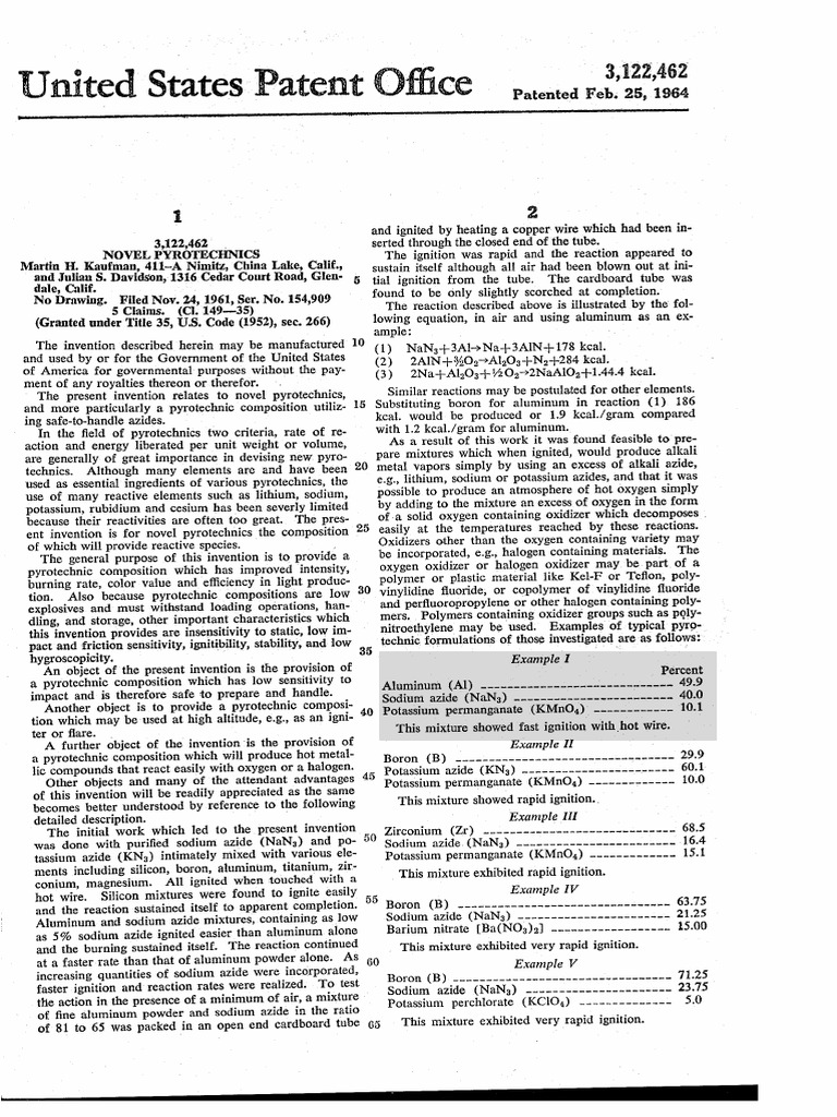 Novel Pyrotechnics - US.Patent.3122462A | PDF
