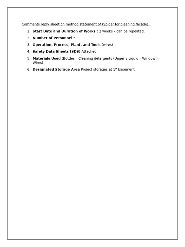 Comments of Method Statment (Spider) | PDF