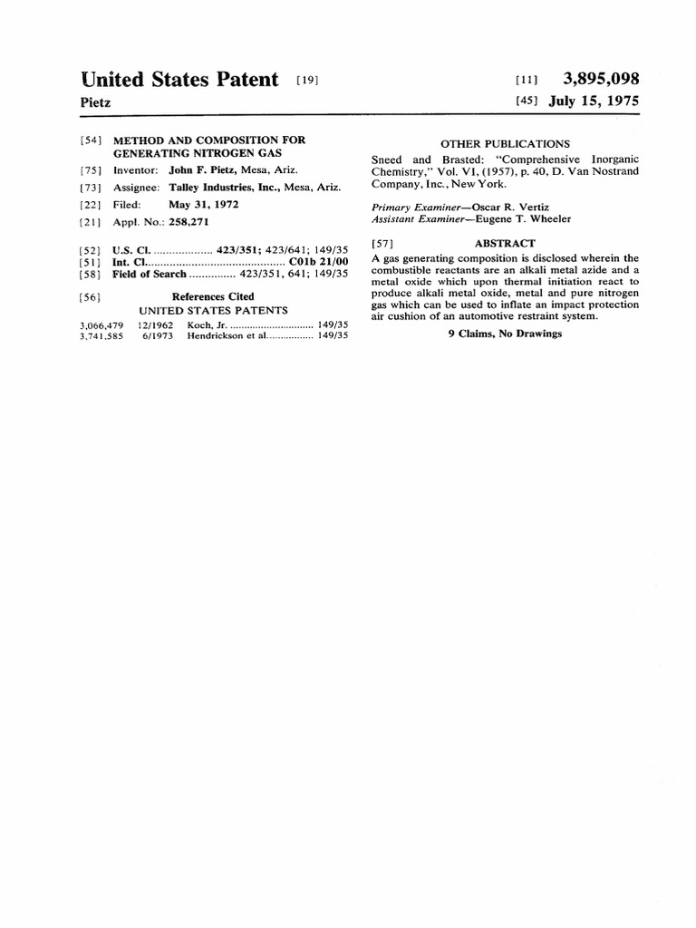 Method and Composition For Generating Nitrogen Gas - US.Patent.3895098 ...