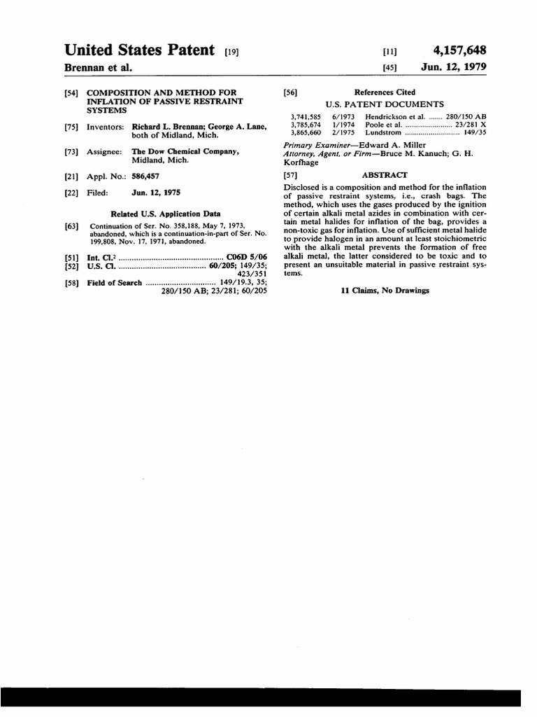Composition and Method For Inflation of Passive Restraint Systems - US ...