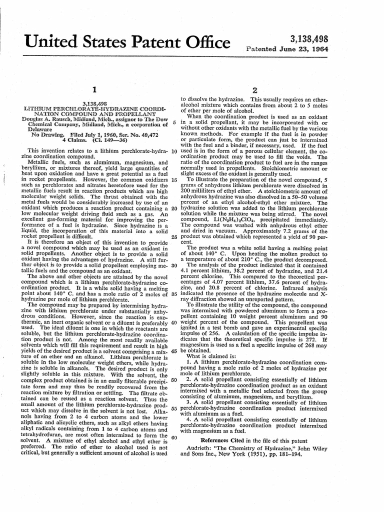 Lithium Perchlorate-Hydrazine Coordination Compound and Propellant - US ...