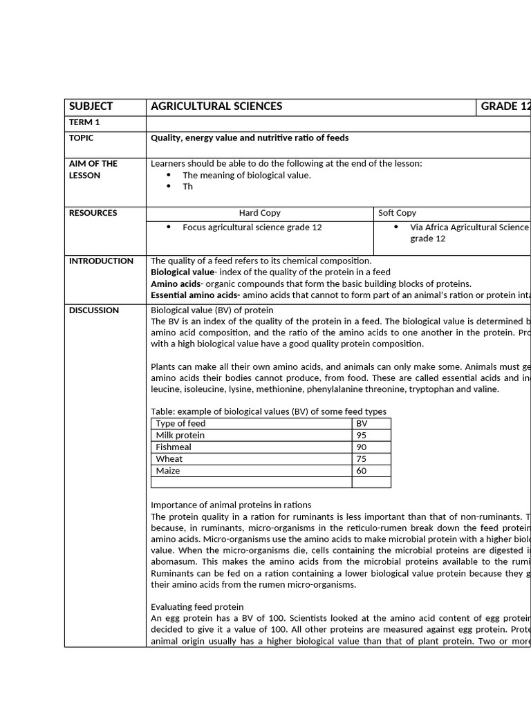 AGRI LESSON 9 grade 12 | PDF | Proteins | Amino Acid