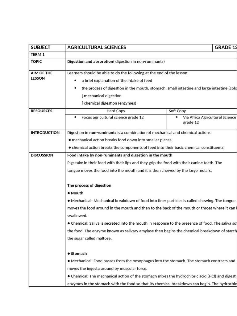 AGRI LESSON 4 grade 12 | PDF | Digestion | Pancreas