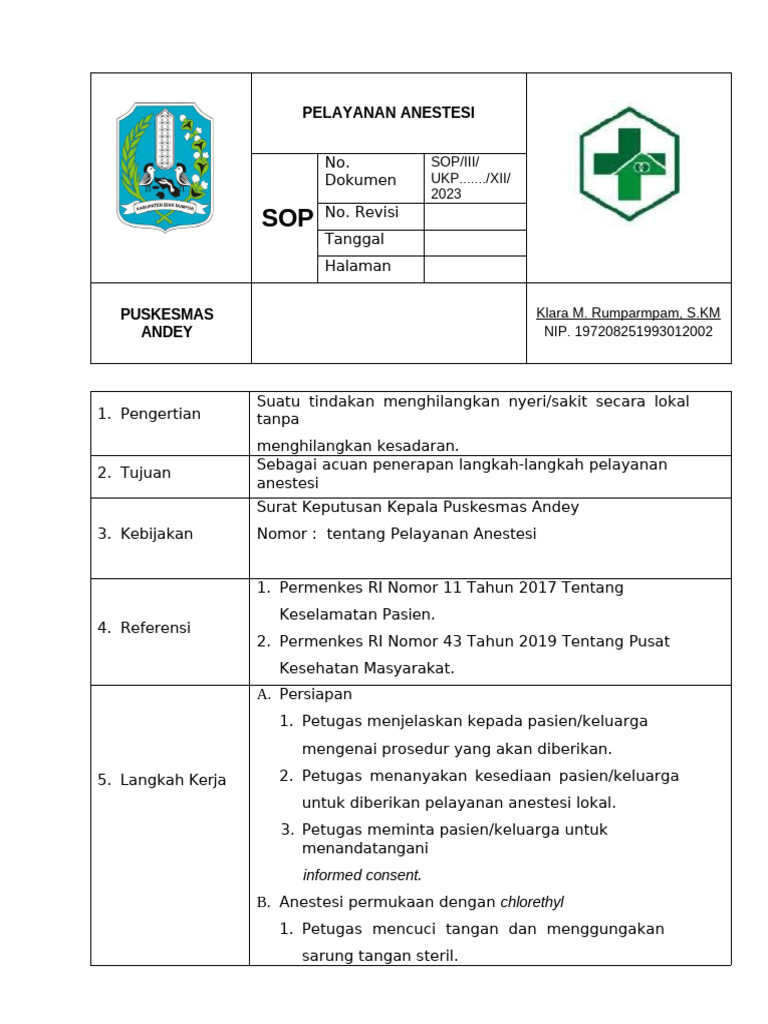 Sop Pelayanan Anastesi | PDF