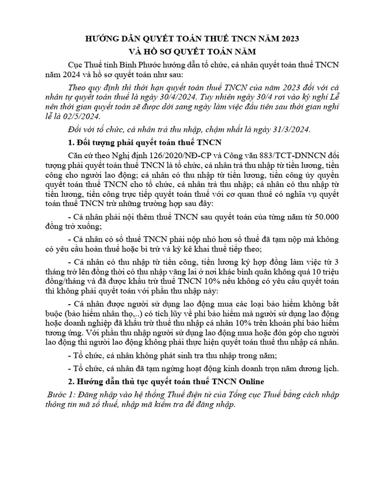 Cuc Thue Binh Phuoc - Huong Dan Quyet Toan Thue TNCN 2023 - 22.02.2024 | PDF