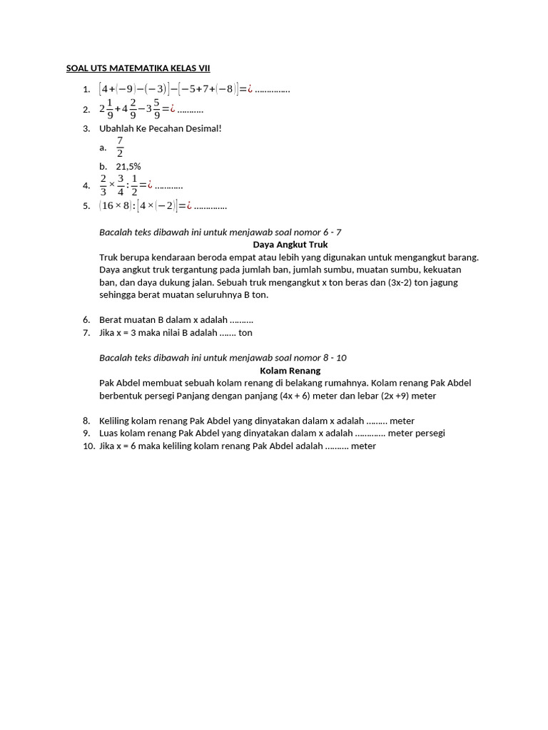 Soal Uts Matematika Kelas Vii | PDF