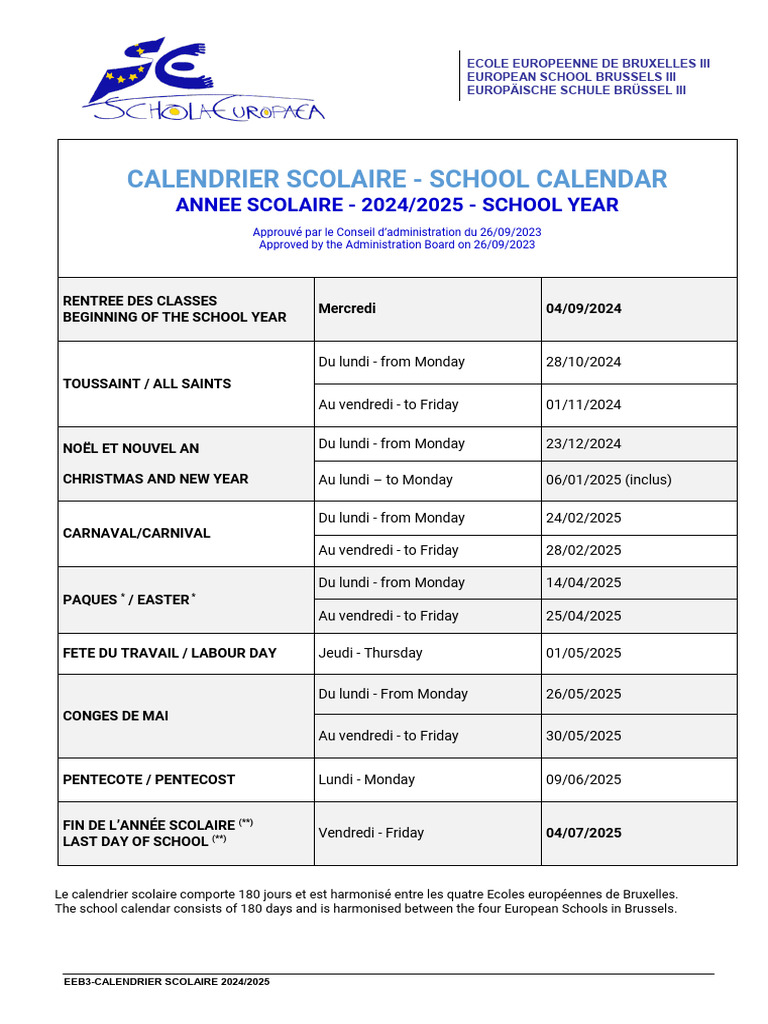 Calendrier Scolaire EEB3 2024/2025 | PDF | Calendrier liturgique ...
