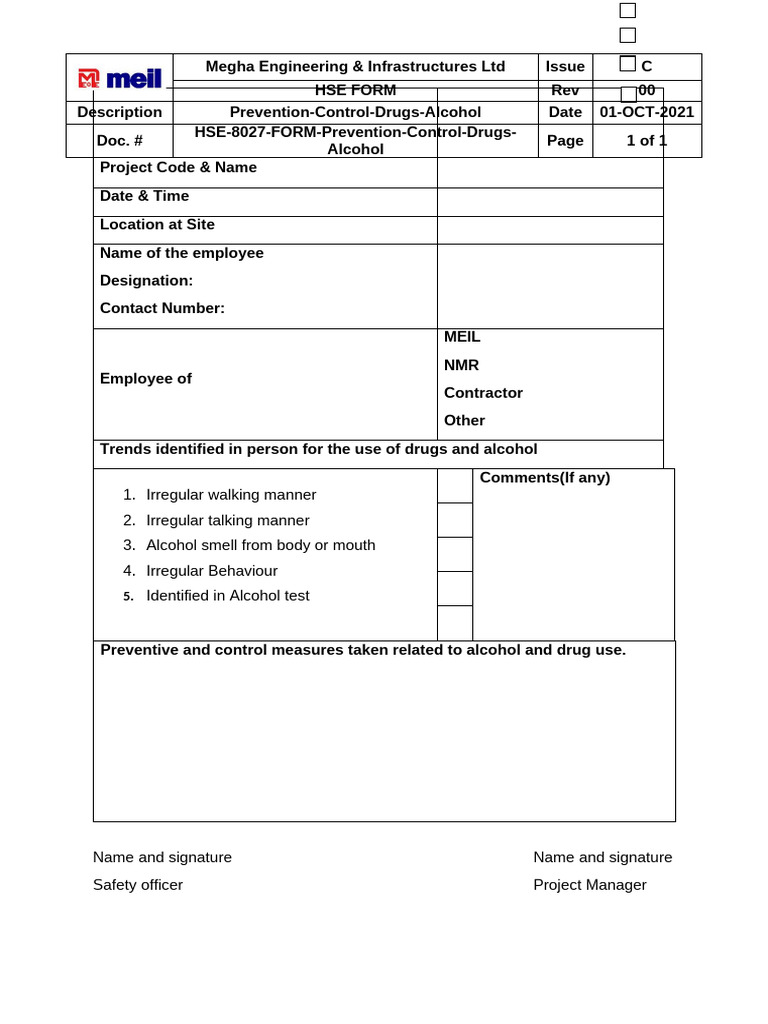 HSE 8027 FORM Prevention Control Drugs Alcohol | PDF