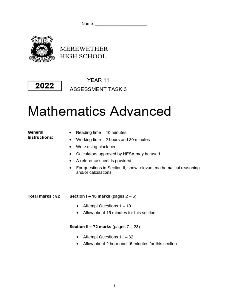 Year 11 Mathematics Advanced Final 2022 | PDF | Area | Geometry