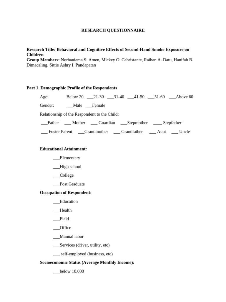 SHS-QUESTIONNAIRE | PDF | Smoking Cessation | Tobacco Smoking